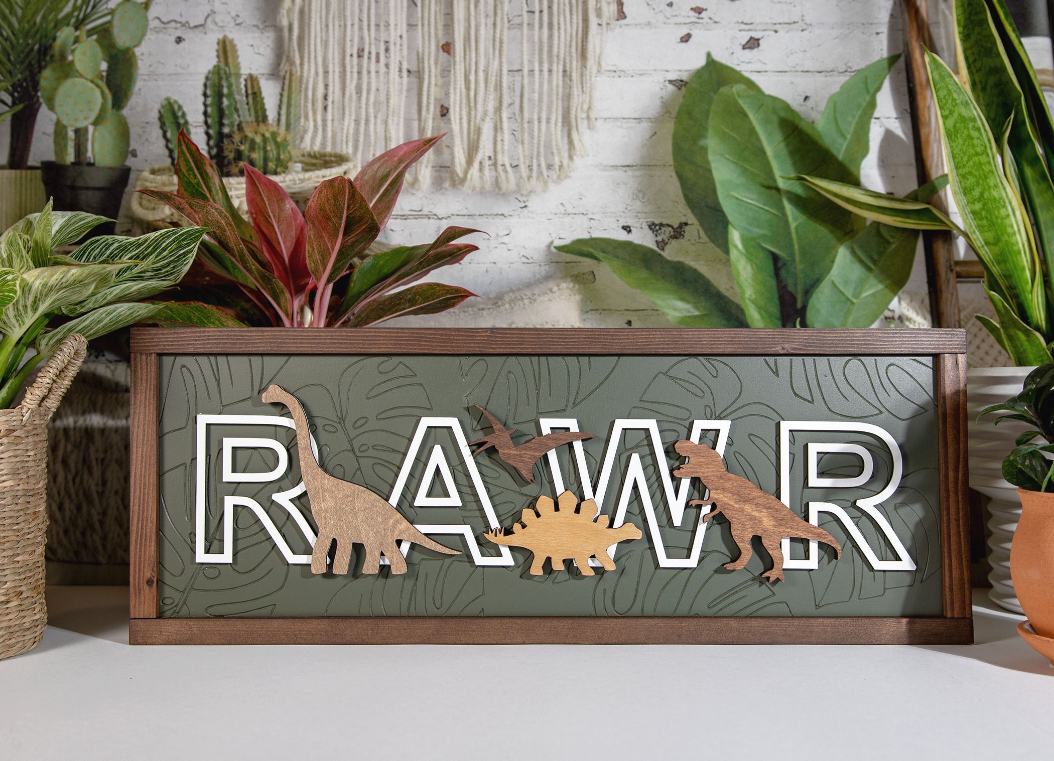 Rawr Dinosaur Engraved Monstera Wood Sign 24x9 – The Tipsy Anvil Co.