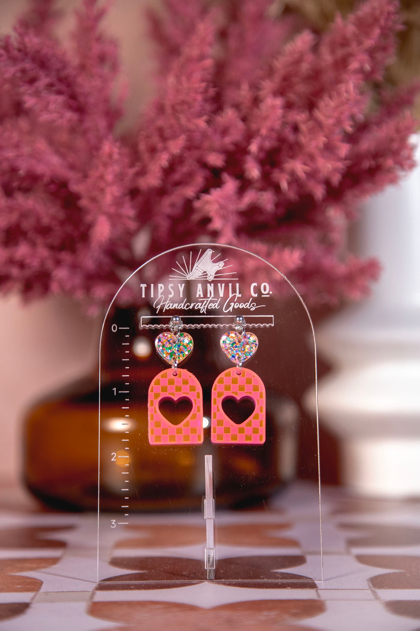 Checkered Hearts Acrylic Earrings – The Tipsy Anvil Co.
