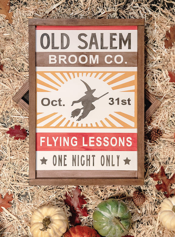 Old Salem Broom Co. Flying Lesson Wood Sign 19x13 – The Tipsy Anvil Co.